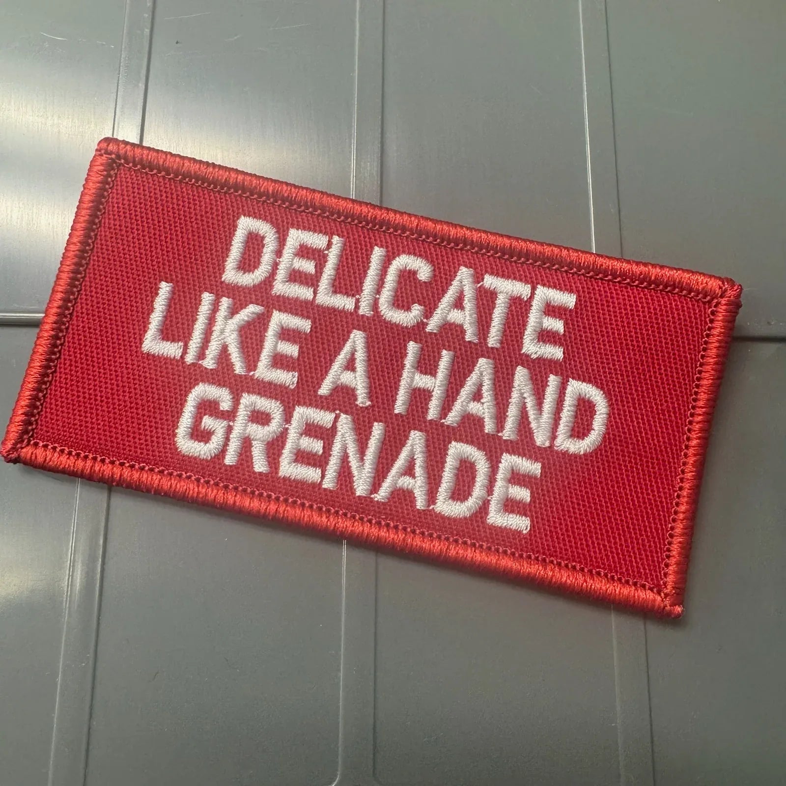 As Seen on Socials - Delicate Like A Hand Grenade - 2x4 Patch - Red w/