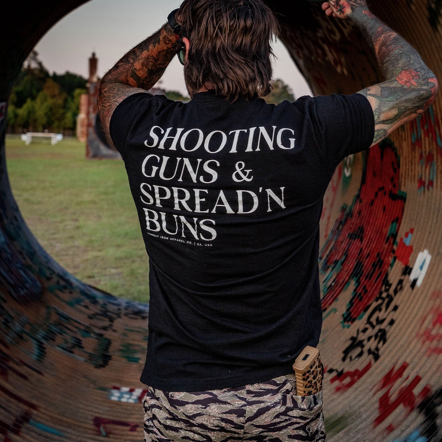 Shooting Guns & Spread'n Buns Men's T-Shirt - Combat Iron Apparel Co.